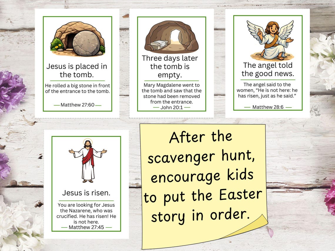 Easter Story Scavenger Hunt for Kids, Bible Story Cards, Resurrection ...