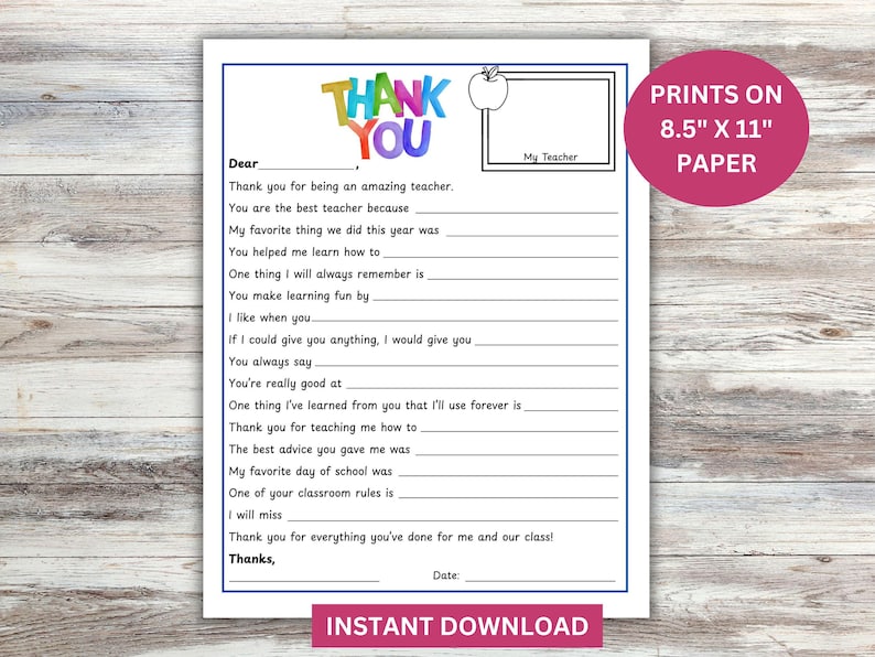 Teacher Appreciation Fill-in Letter: Thank You Gift (PDF) - Etsy