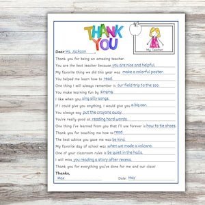 Teacher Appreciation Fill-in Letter: Thank You Gift (PDF) - Etsy
