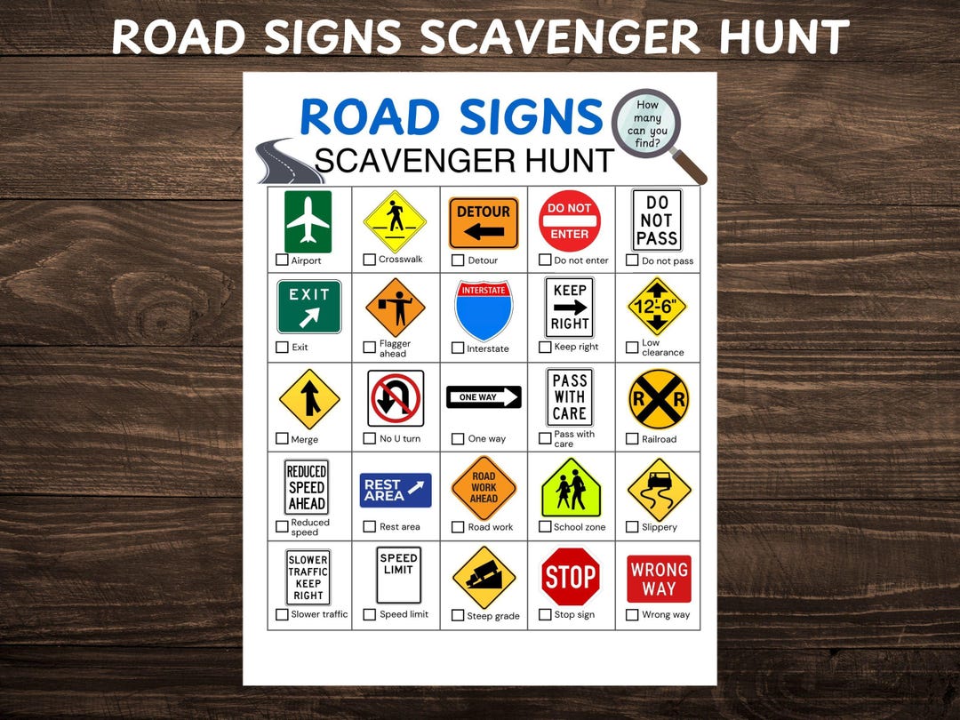 Road Sign Scavenger Hunt: Kids Road Trip Car Game (PDF Download - Etsy ...