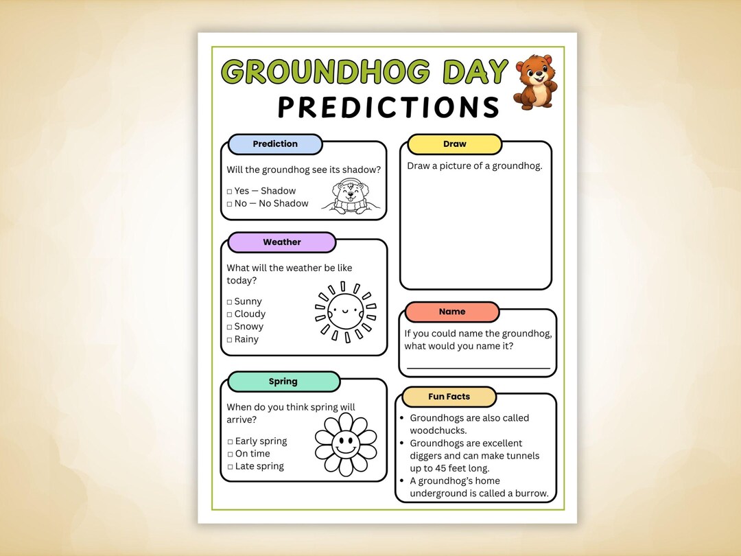 Groundhog Day Prediction Worksheet for Kids, Printable Classroom ...