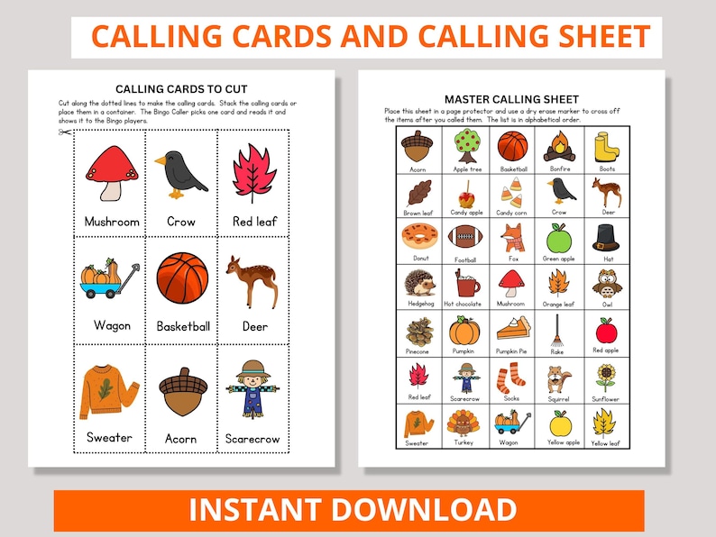 Fall Bingo Game 50 Fall Bingo Cards Fall Activity for Kids Printable ...