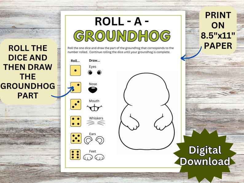 Roll A Groundhog Game, Printable Groundhog Day Activity for Kids - Etsy