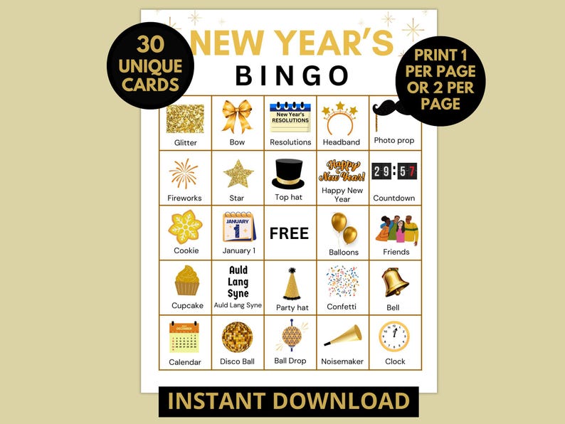 New Year's Eve Bingo Game, Printable New Years Bingo Game, Family New ...