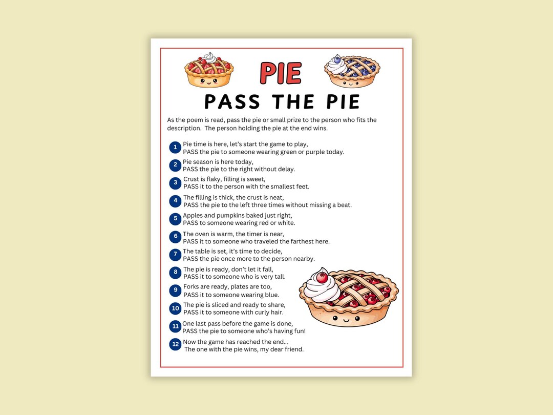 Pass the Pie Game, Fun Group Activity for Thanksgiving, Pi Day, Party ...