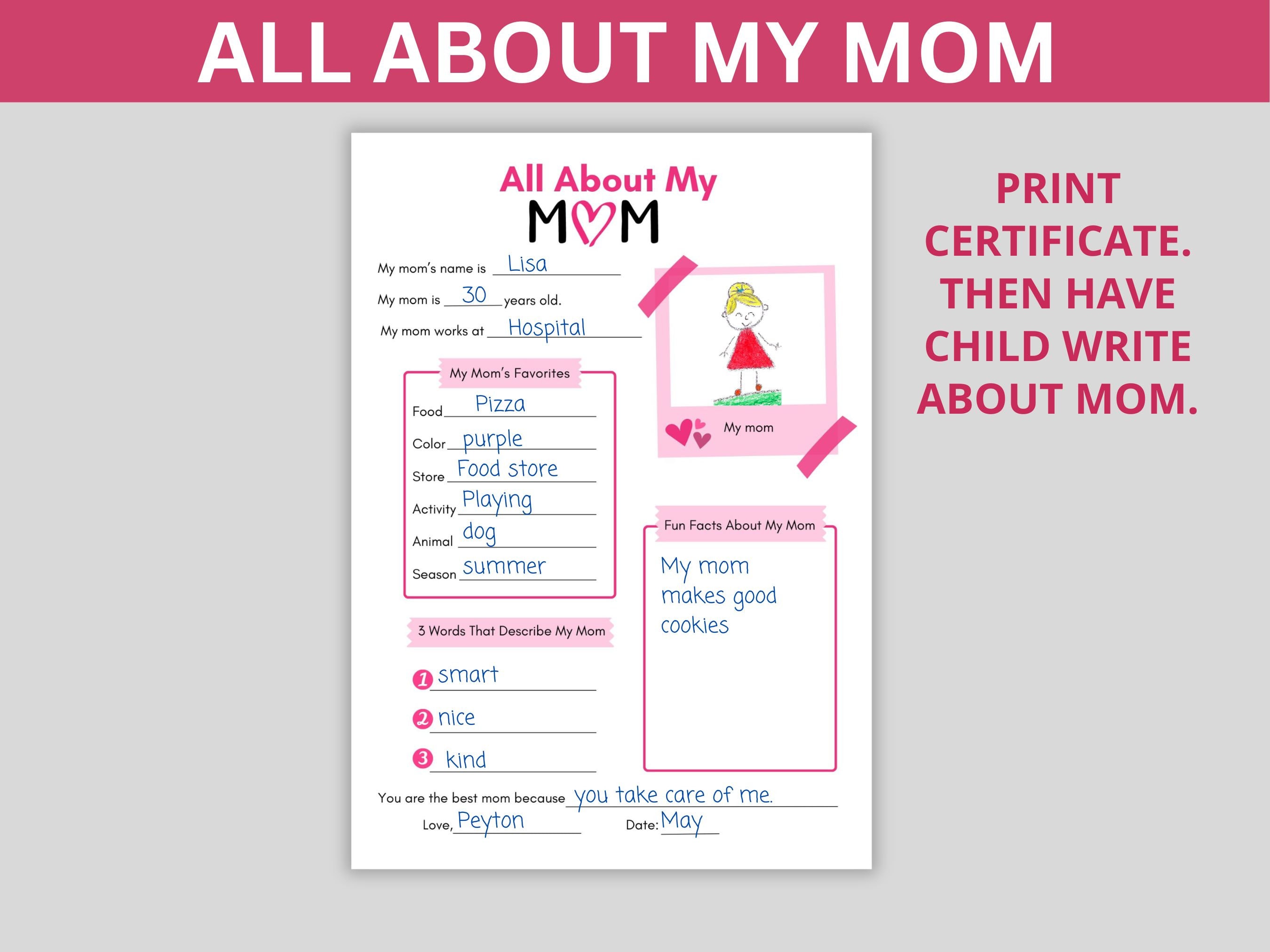 All About My Mom, Mother's Day Gift, Mother's Day Printable, Mom's ...