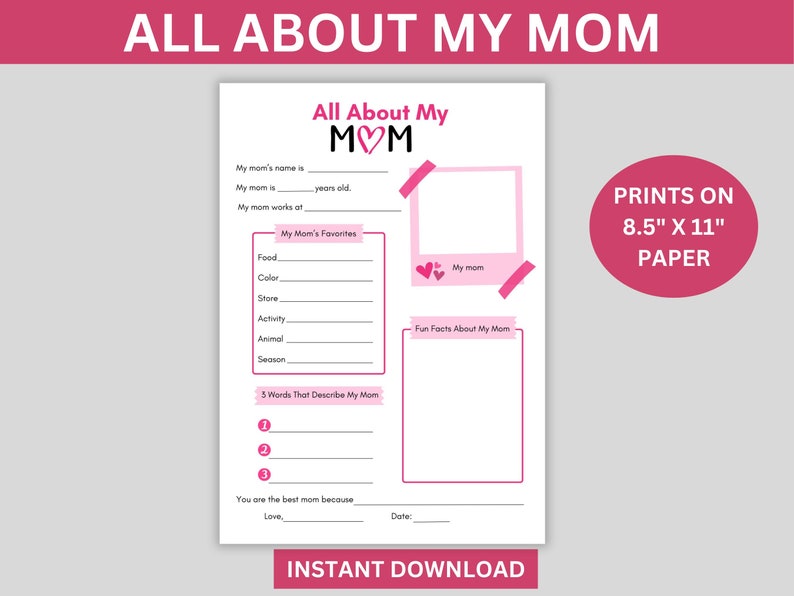 All About My Mom, Mother's Day Gift, Mother's Day Printable, Mom's ...