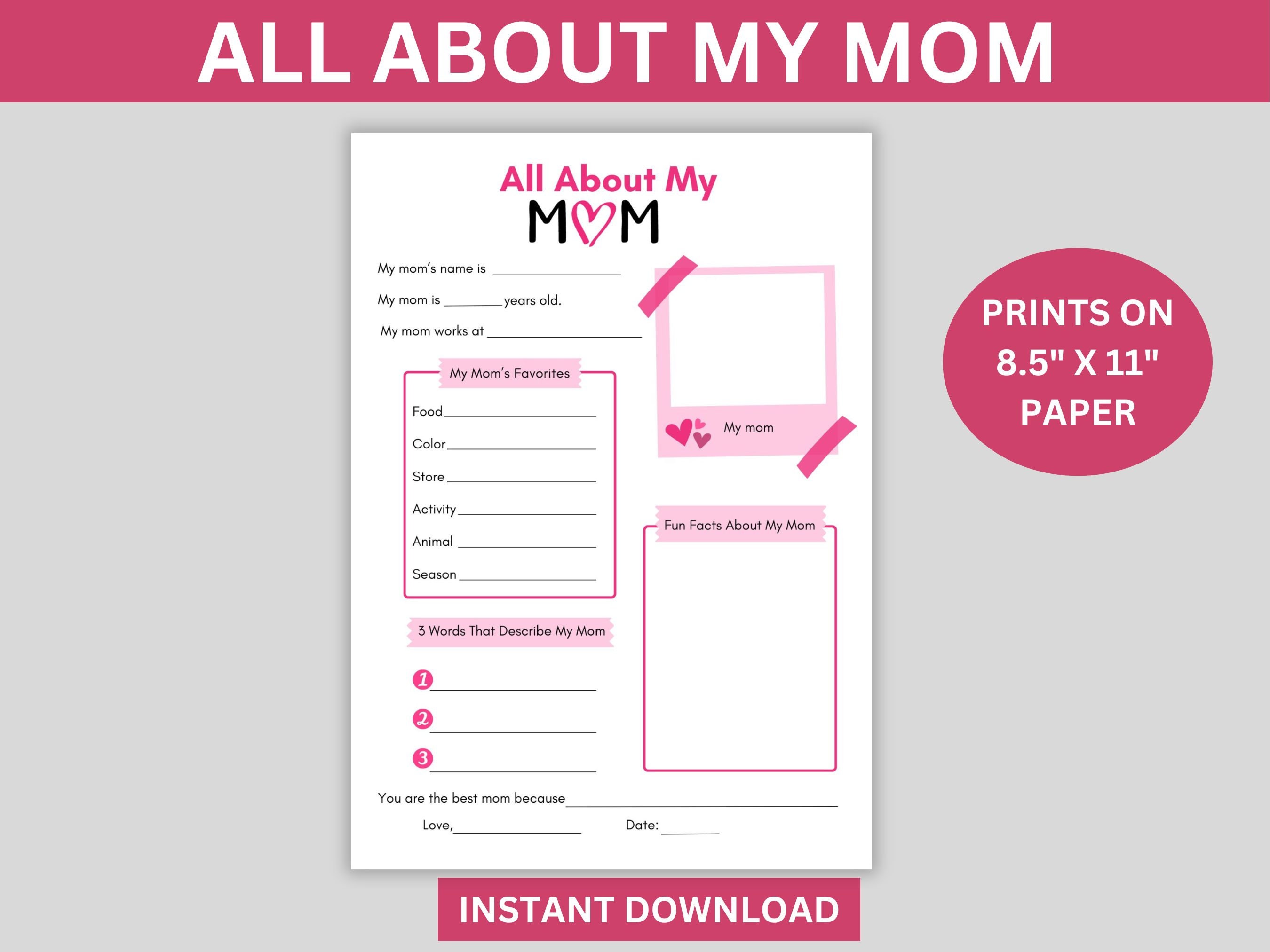 All About My Mom, Mother's Day Gift, Mother's Day Printable, Mom's ...
