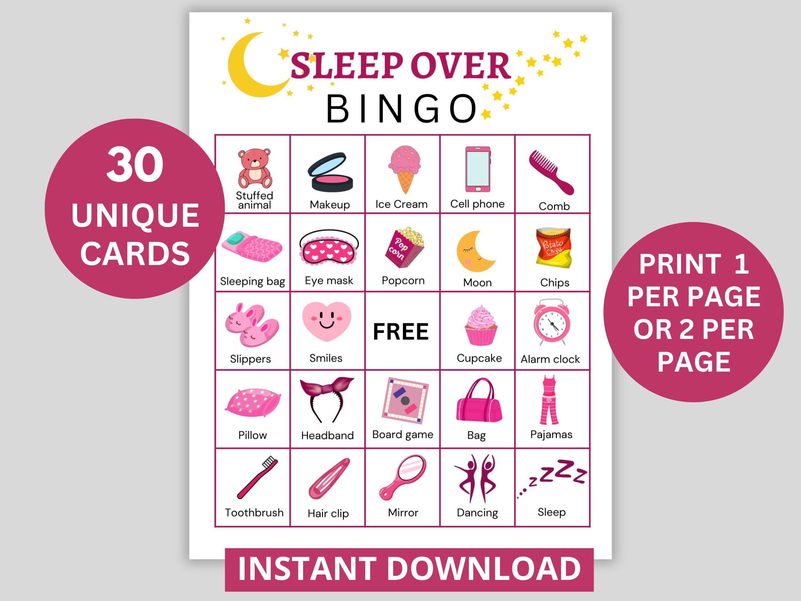 Sleepover Bingo Game, Slumber Party Bingo Game, Sleepover Birthday ...