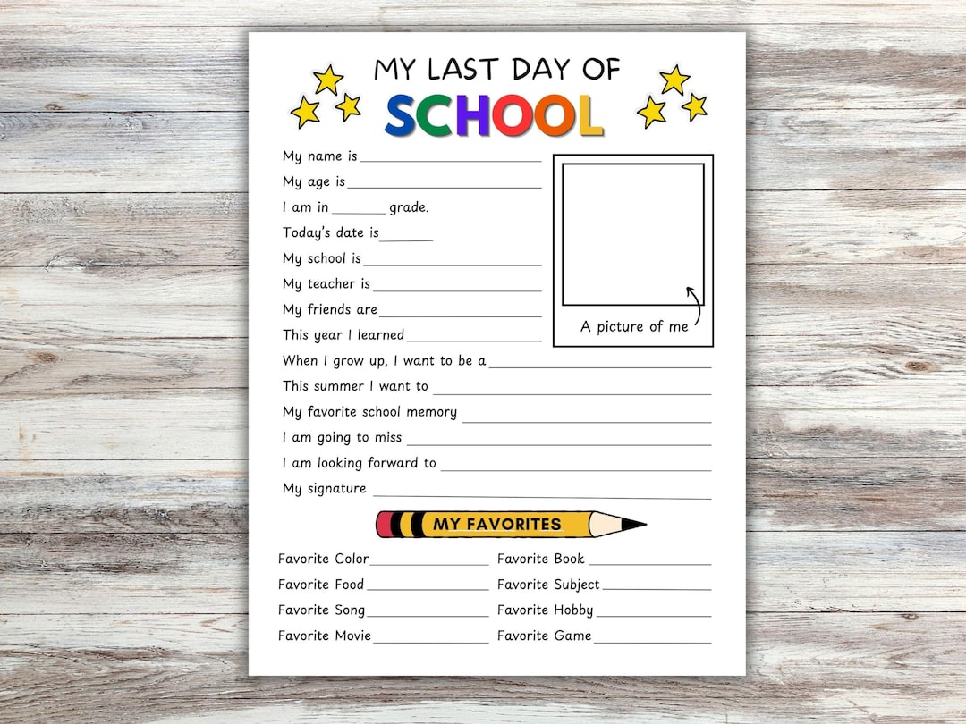 Last Day of School Questionnaire: School Memory Keepsake (printable PDF ...