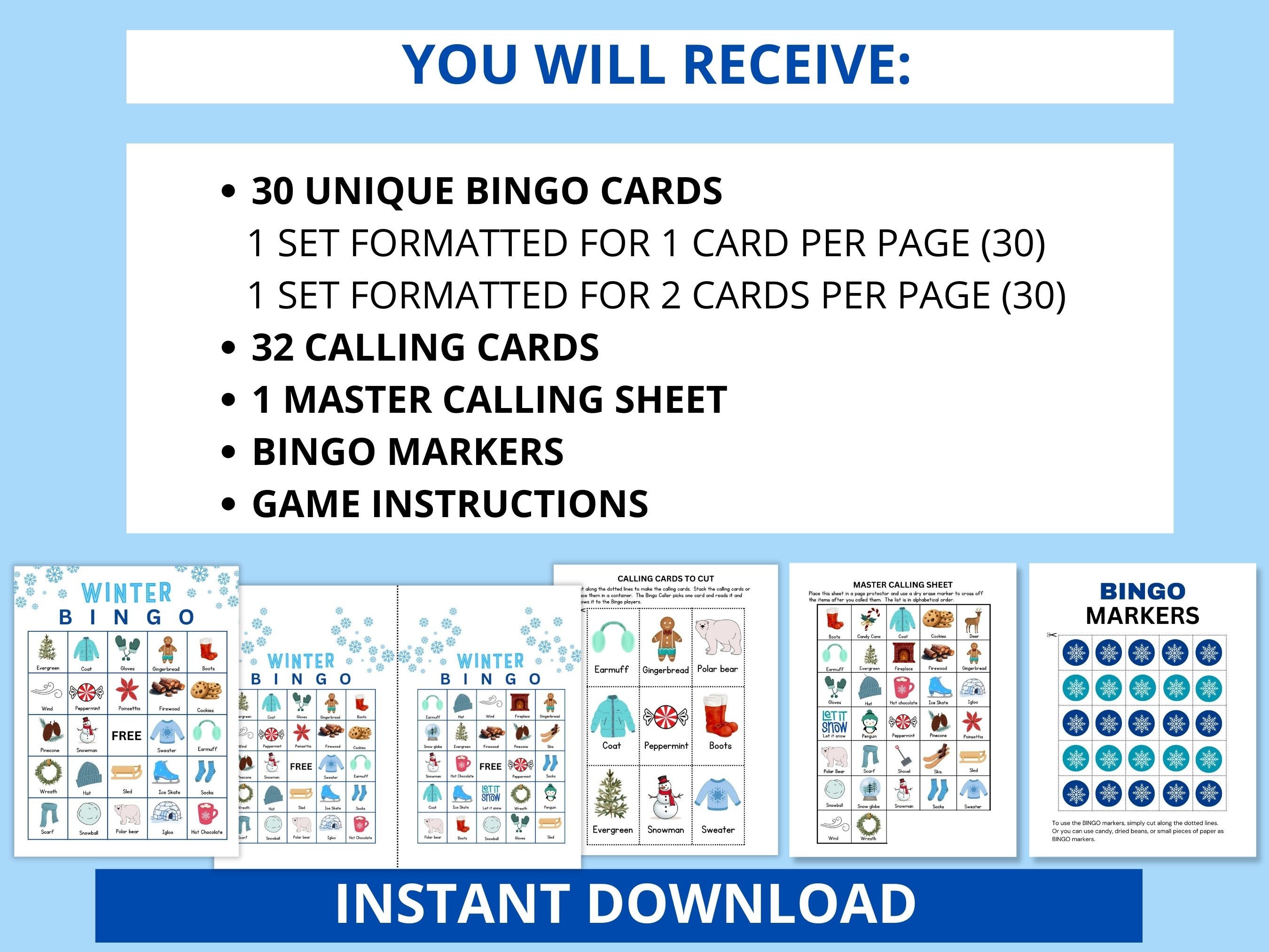 Winter Bingo Game, Printable 30 Unique Bingo Cards, Winter Party Game ...