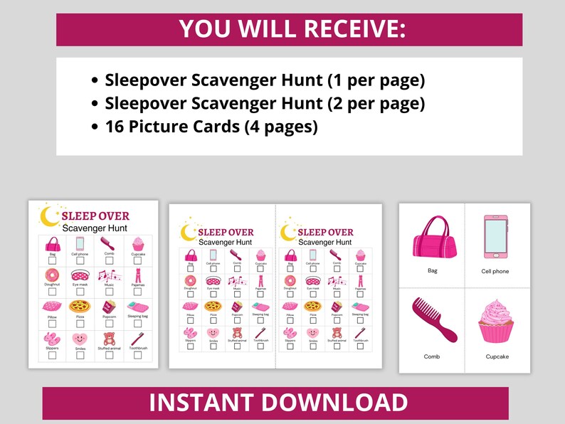 Sleepover Scavenger Hunt for Kids, Slumber Party Scavenger Hunt, Pajama ...