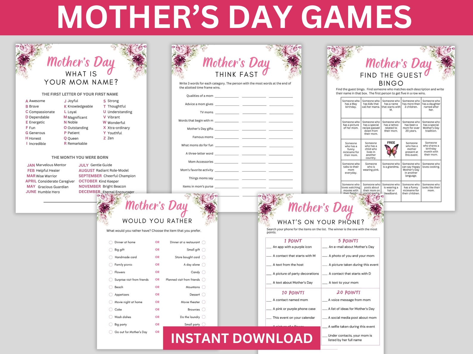Mother's Day Game Bundle, Printable Mother's Day Party Games, Mother's ...