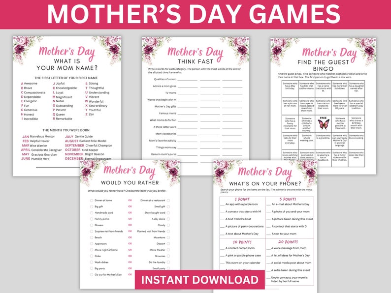 Mother's Day Game Bundle, Printable Mother's Day Party Games, Mother's ...
