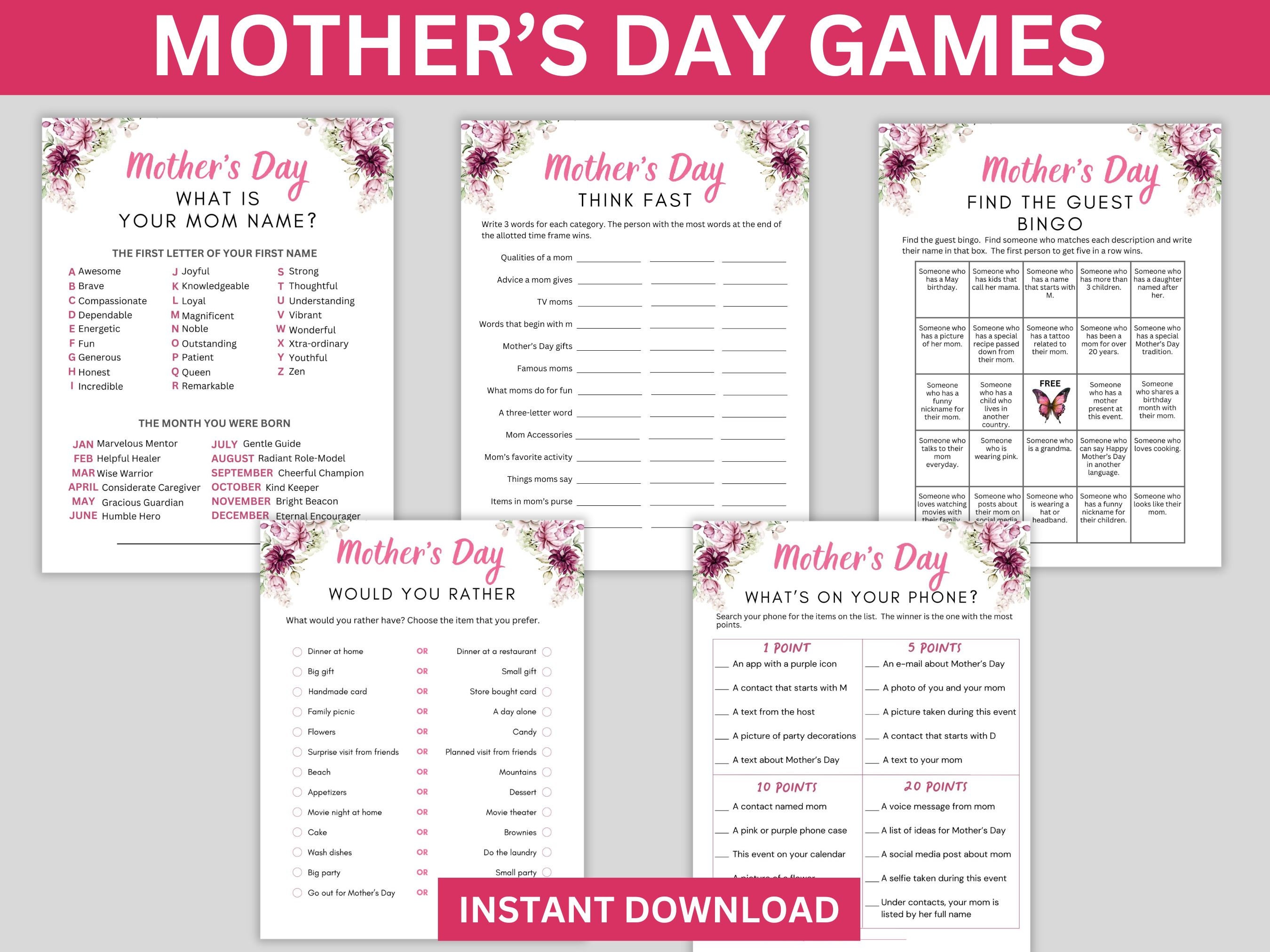Mother's Day Game Bundle, Printable Mother's Day Party Games, Mother's ...