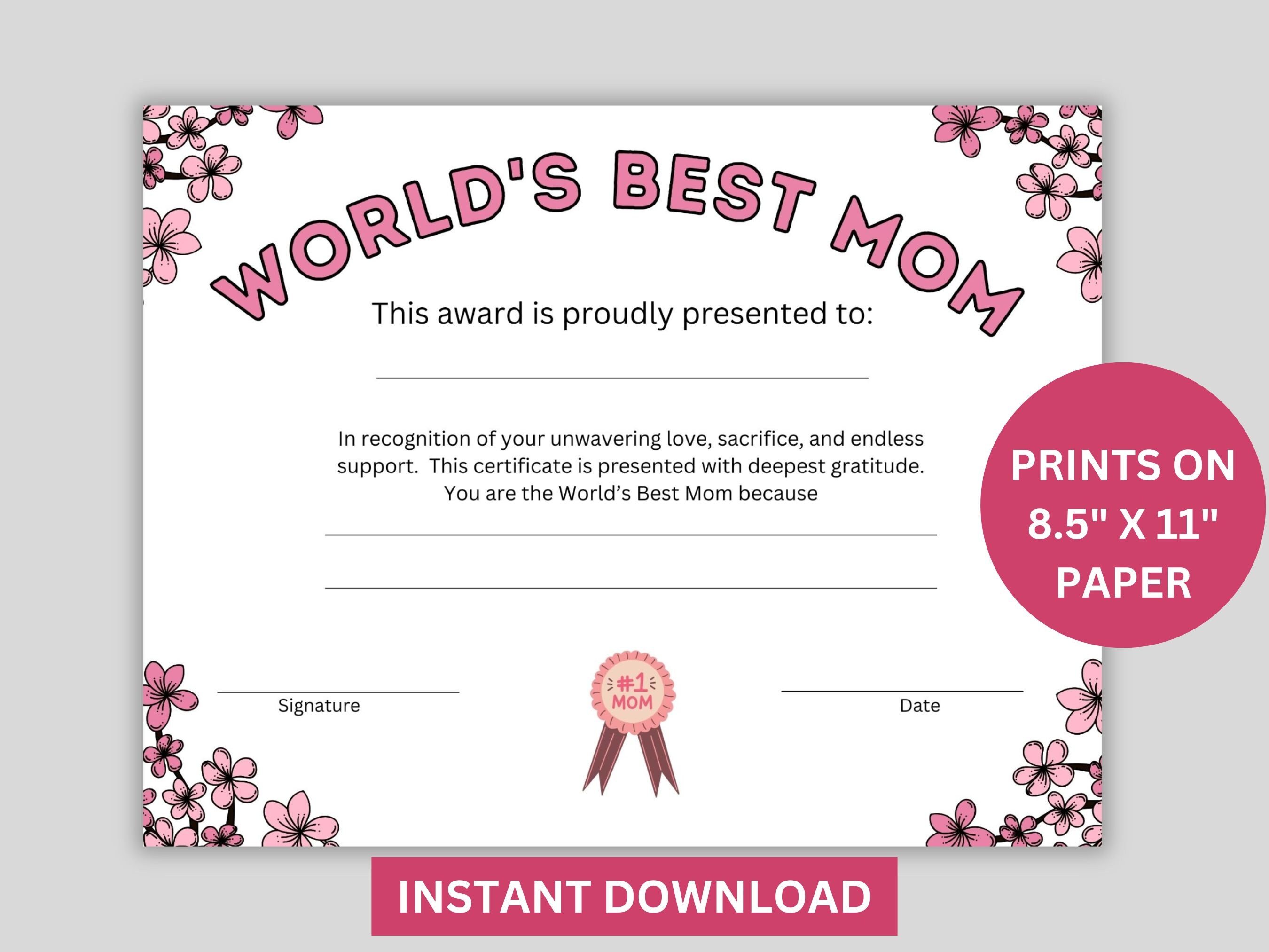 Mother's Day Certificate, Printable World's Best Mom Certificate ...