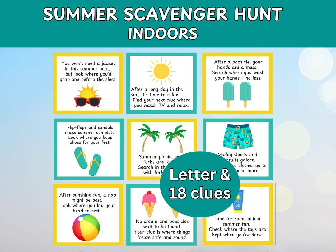 Summer Scavenger Hunt for Kids, Indoor Summer Treasure Hunt Clues ...