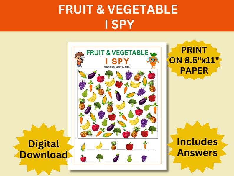 Fruit and Vegetable I Spy Worksheet, Fruit Activity, Vegetable Activity ...