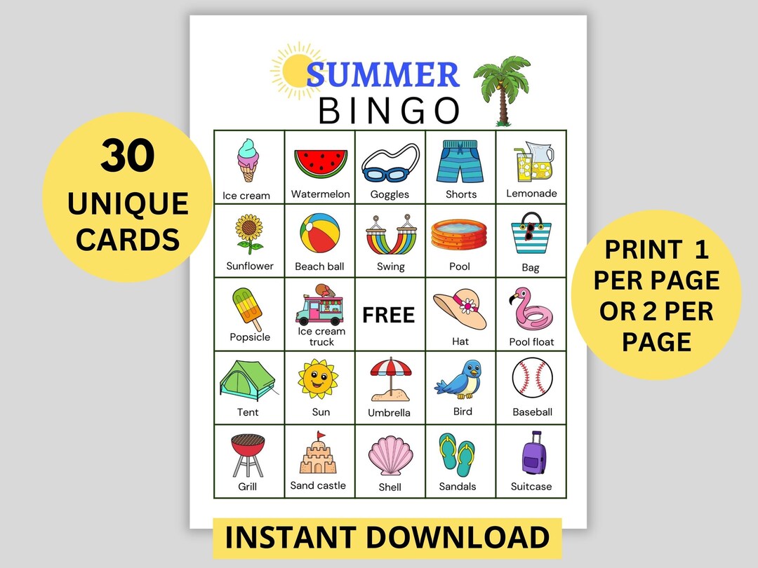 Summer Bingo Game Printable Summer Themed Bingo Cards, Summer Games ...