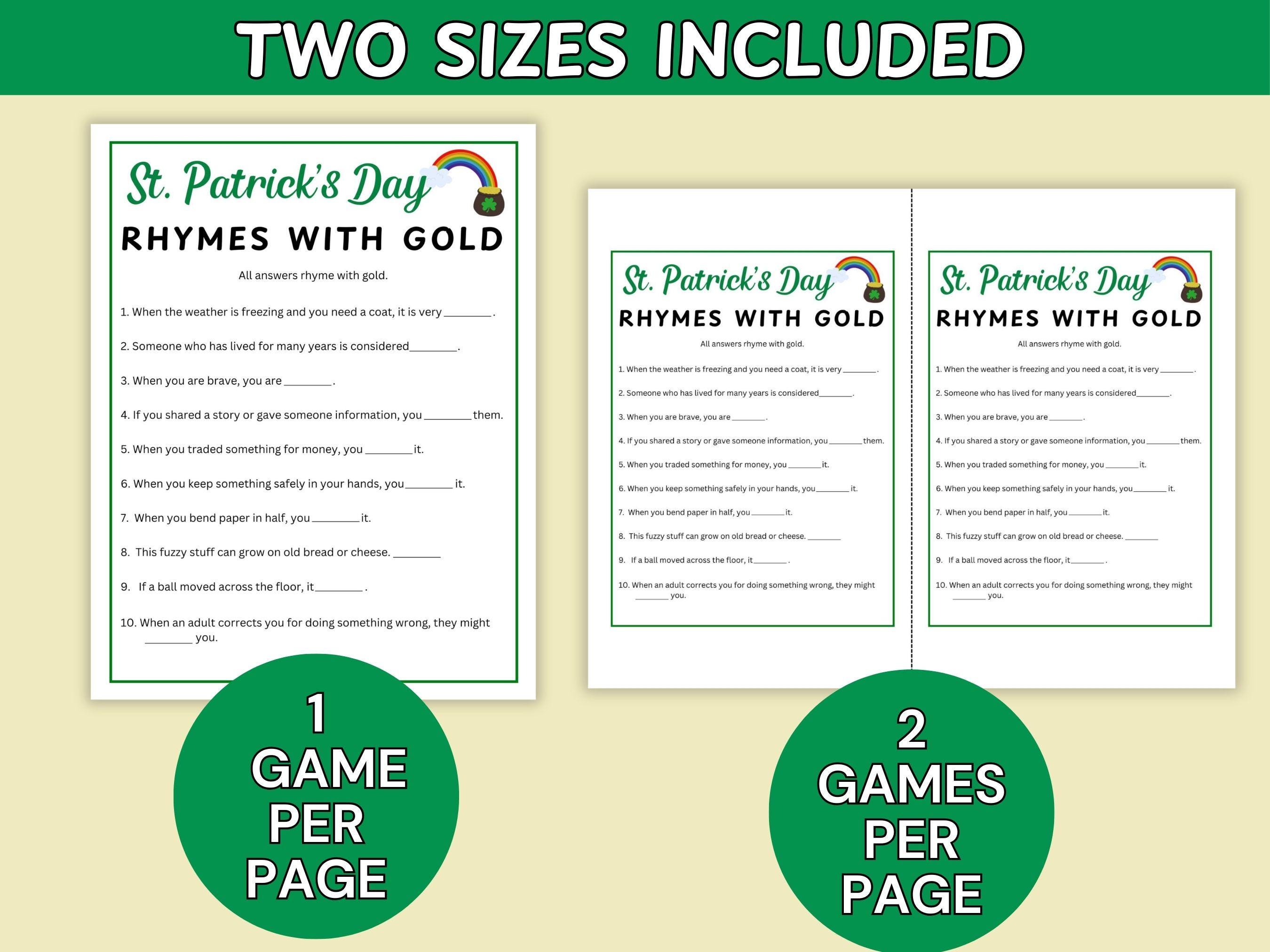 Rhymes With Gold Game, St. Patrick's Day Rhyming Activity for Kids ...