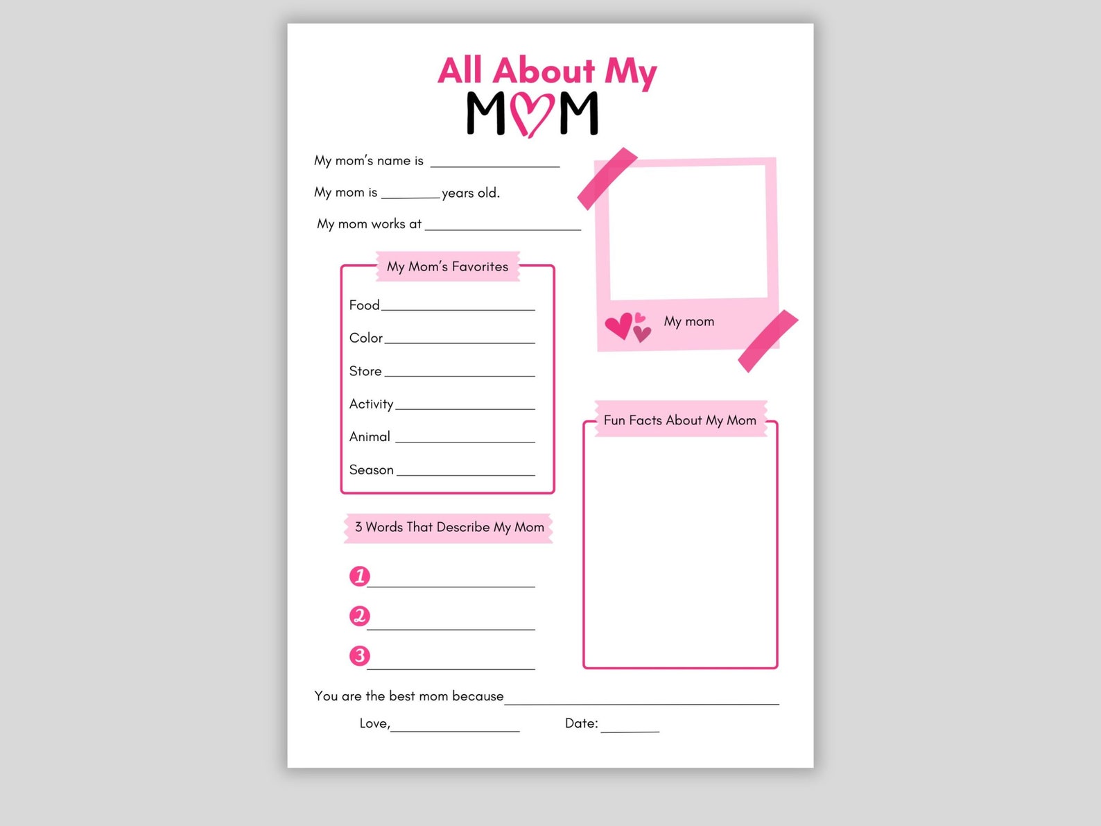 All About My Mom, Mother's Day Gift, Mother's Day Printable, Mom's ...