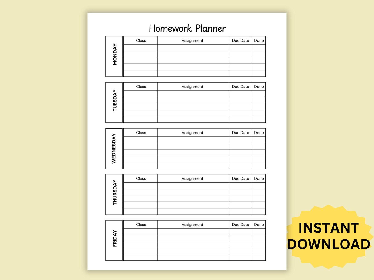 Printable Weekly Homework Planner: Student Assignment Tracker (digital ...