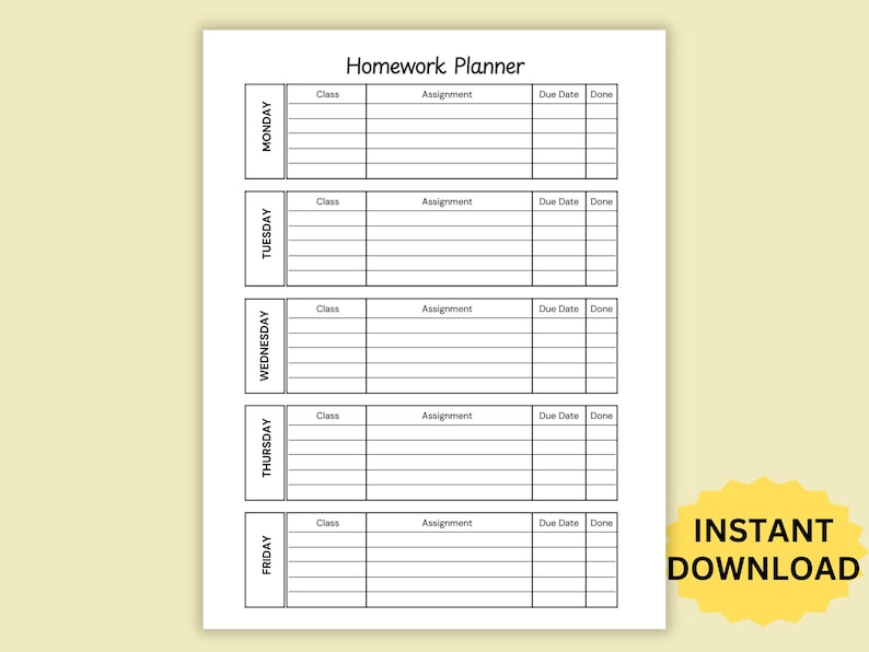 Printable Weekly Homework Planner: Student Assignment Tracker (digital ...