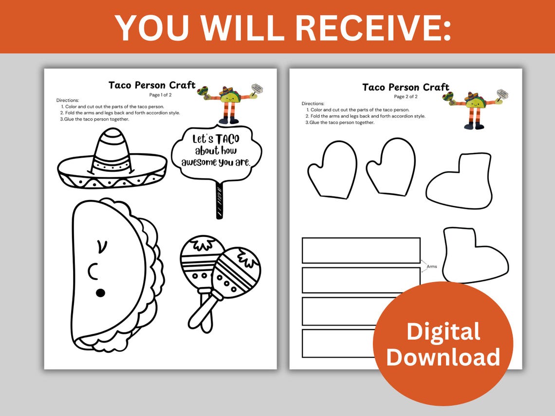 Taco Person Craft: Cinco De Mayo Coloring Activity (PDF Pattern) - Etsy