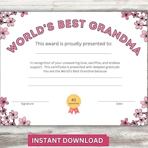 World's Best Grandma Certificate, Grandparent's Day Gift, Mother's Day ...