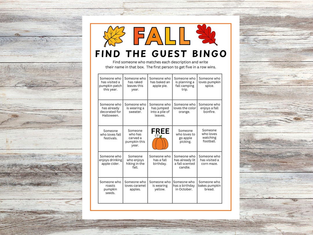 Fall Themed Find the Guest Bingo Game, Printable Ice Breaker Activity ...