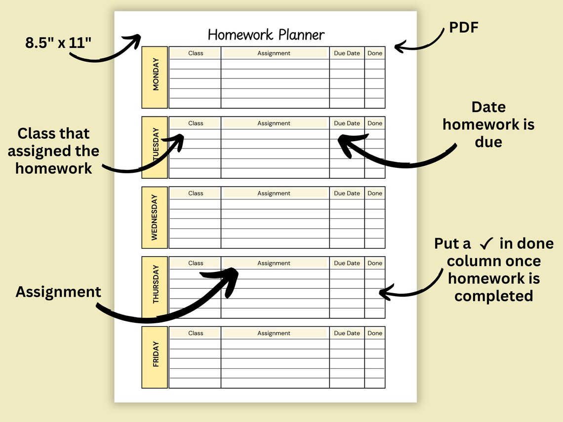 Printable Weekly Homework Planner: Student Assignment Tracker (digital ...