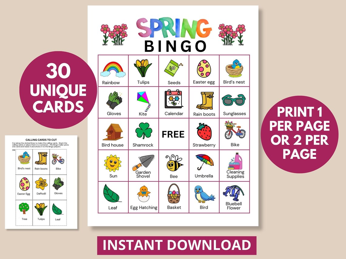 Spring Bingo Game Printable Springtime Bingo, Easter Bingo, 30 Spring ...