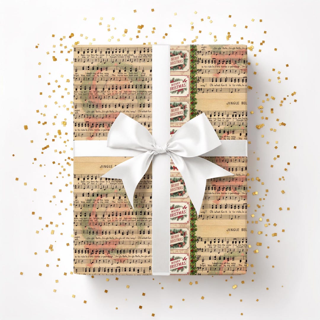 Vintage Christmas Sheet Music Gift Wrap, Christmas Carol Present Paper ...