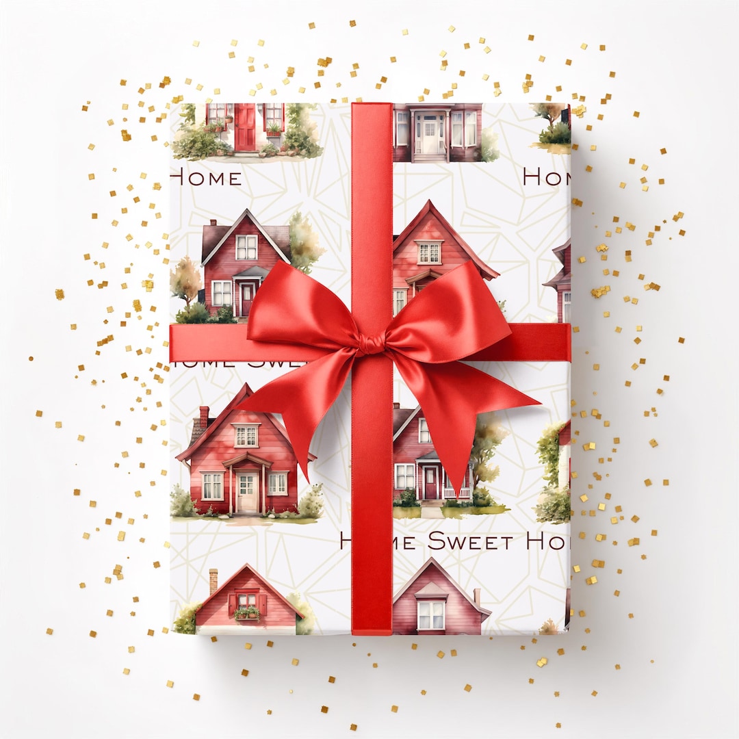 House Warming Gift Wrap, Red New Home Wrapping Paper, New House Present ...