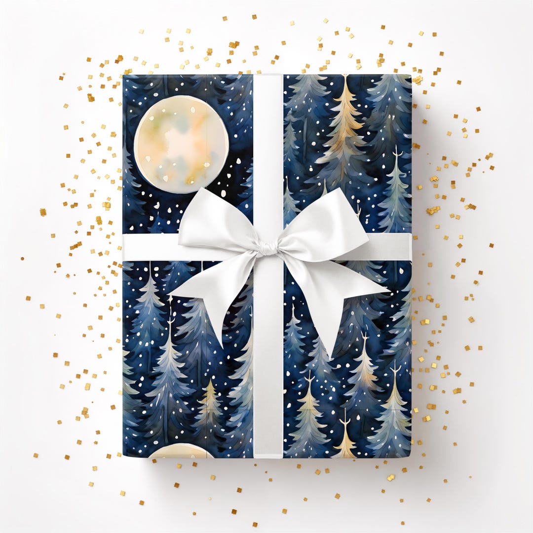 Full Moon Winter Forest Gift Wrap, Night Christmas Tree in Moonlight ...