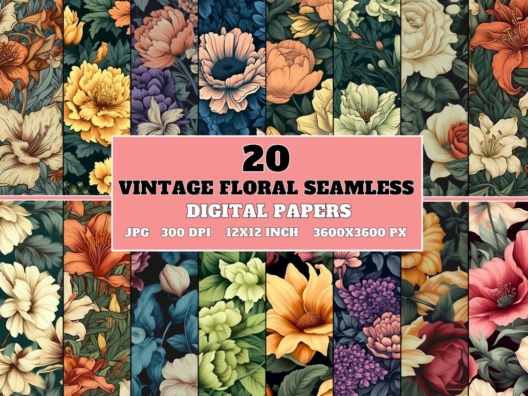 20 Vintage Flowers Digital Paper, Vintage Flowers Seamless Pattern ...