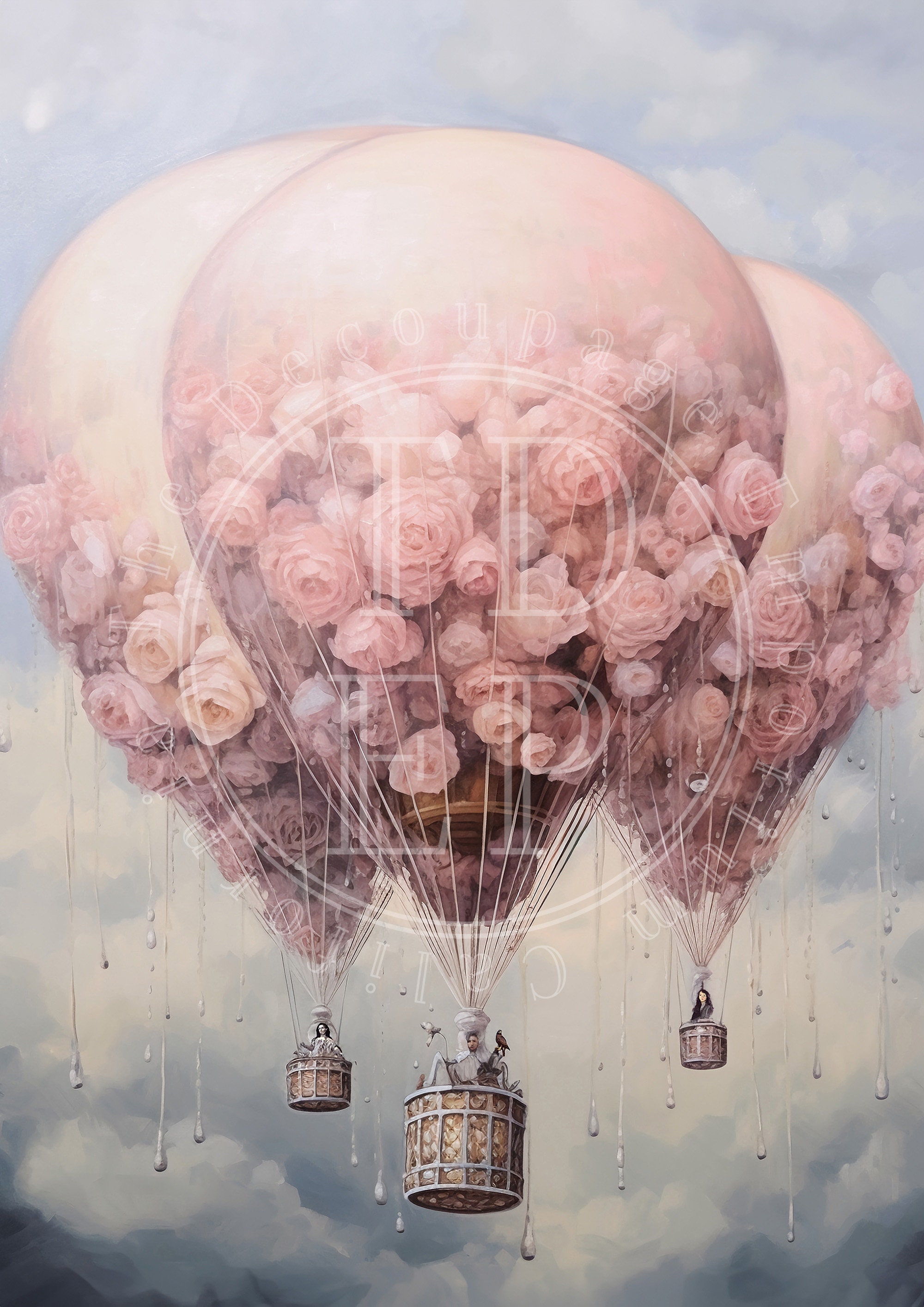 Floral Pink Hot Air Balloon Digital Download Artwork High Quality 300 ...
