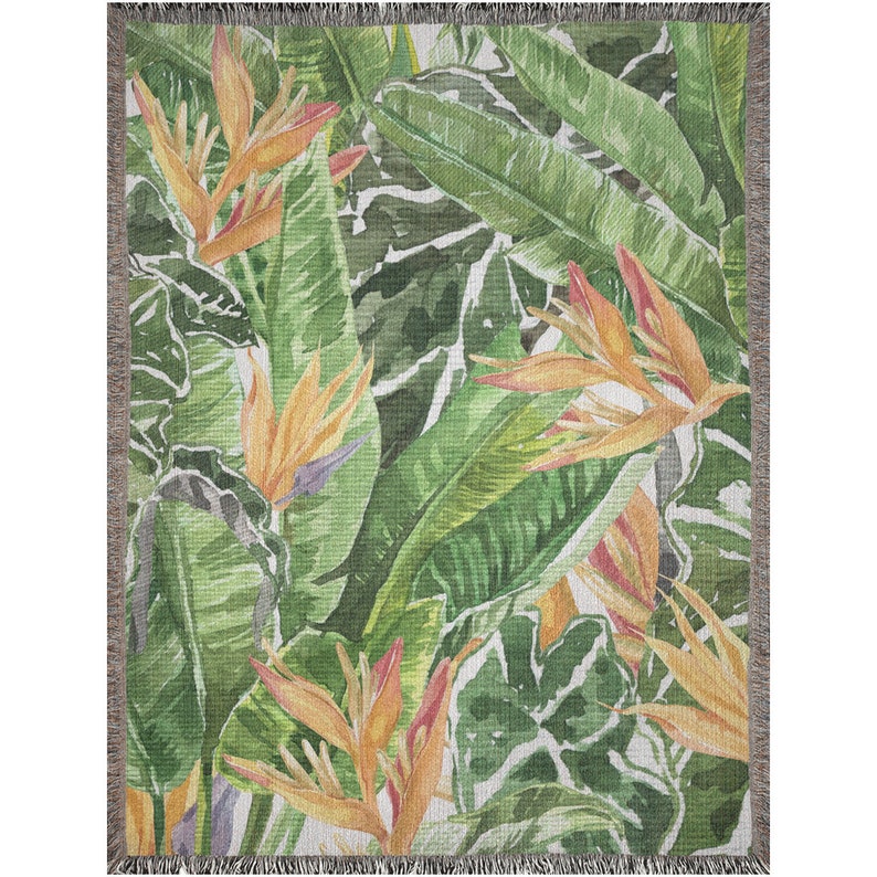 Tropical Leaves Woven Throw Blanket or Tapestry, Bird of Paradise ...