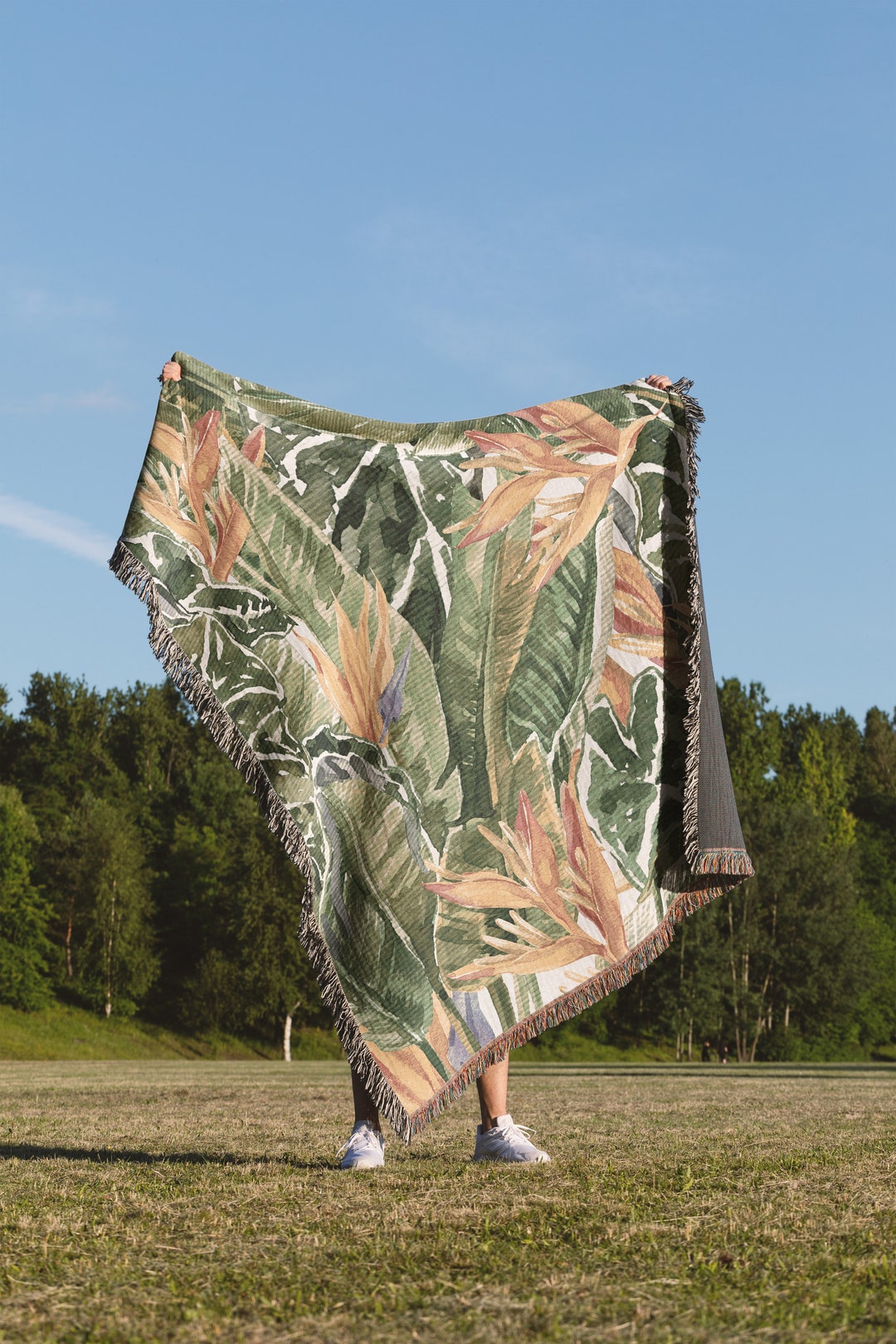Tropical Leaves Woven Throw Blanket or Tapestry, Bird of Paradise ...