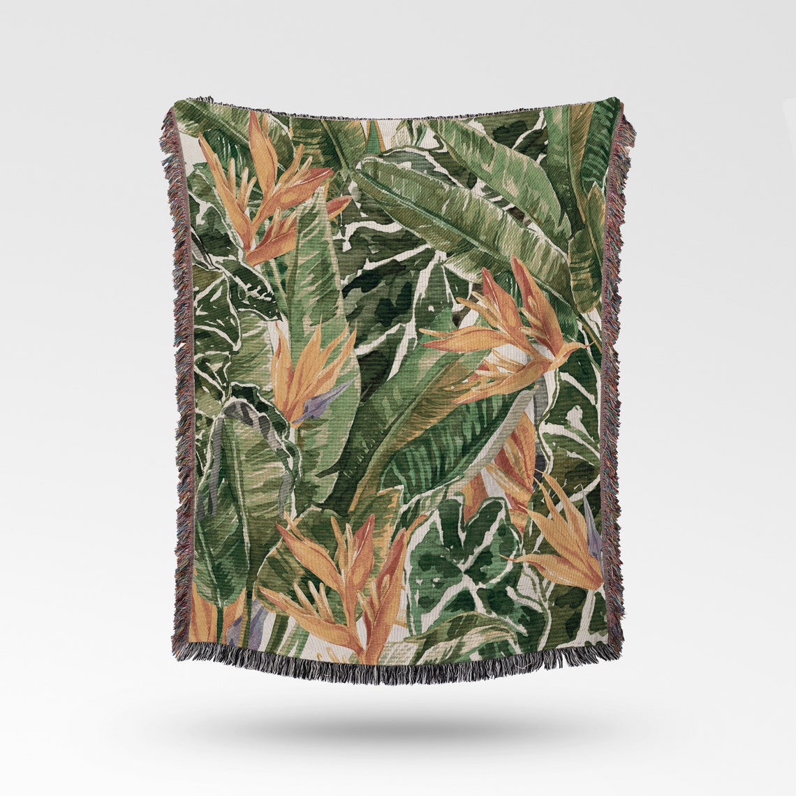 Tropical Leaves Woven Throw Blanket or Tapestry, Bird of Paradise ...