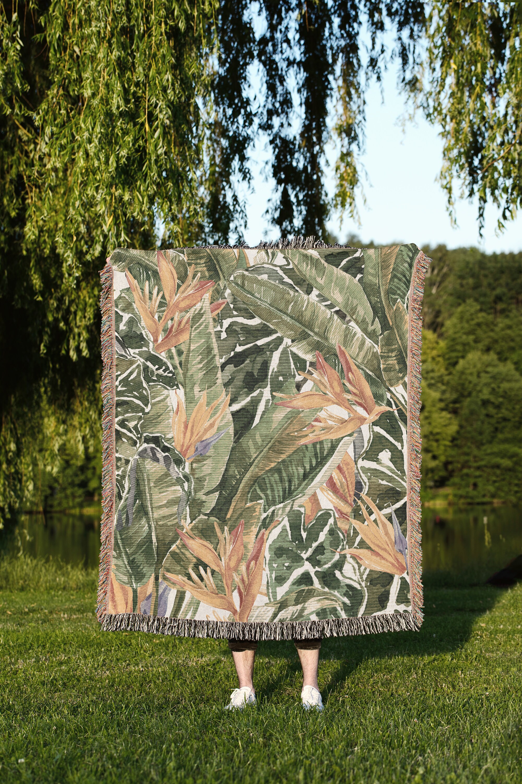 Tropical Leaves Woven Throw Blanket or Tapestry, Bird of Paradise ...