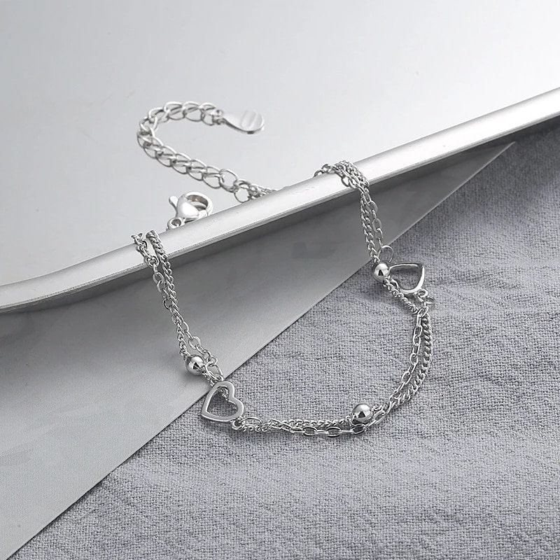 925 Sterling Silver Double Love Heart Hollow Round Beads Bracelet ...