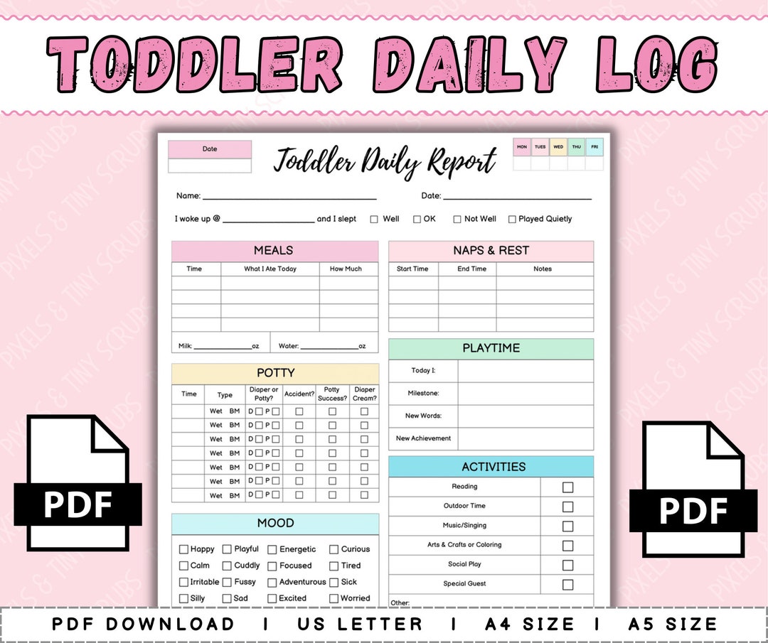 Toddler Daily Log: Daycare Printable Toddler Log, Toddler Log, Toddler ...