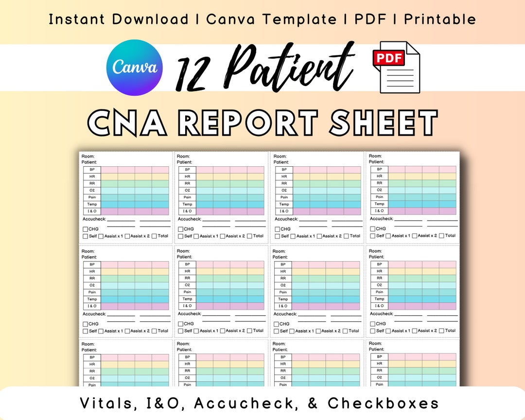 CNA Report Sheet, Canva Template, PCT Report Sheet, CNA Brain, Vital ...