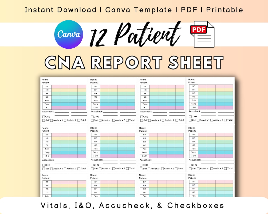 12 Patient CNA Report Sheet: Vital Signs, I&O (canva Template, PDF) - Etsy
