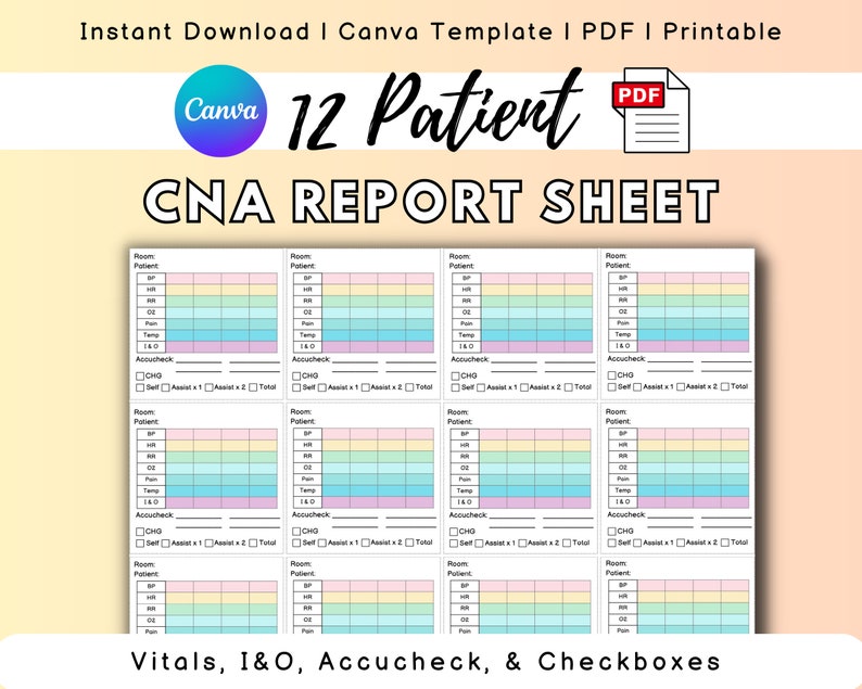 CNA Report Sheet, Canva Template, PCT Report Sheet, CNA Brain, Vital ...