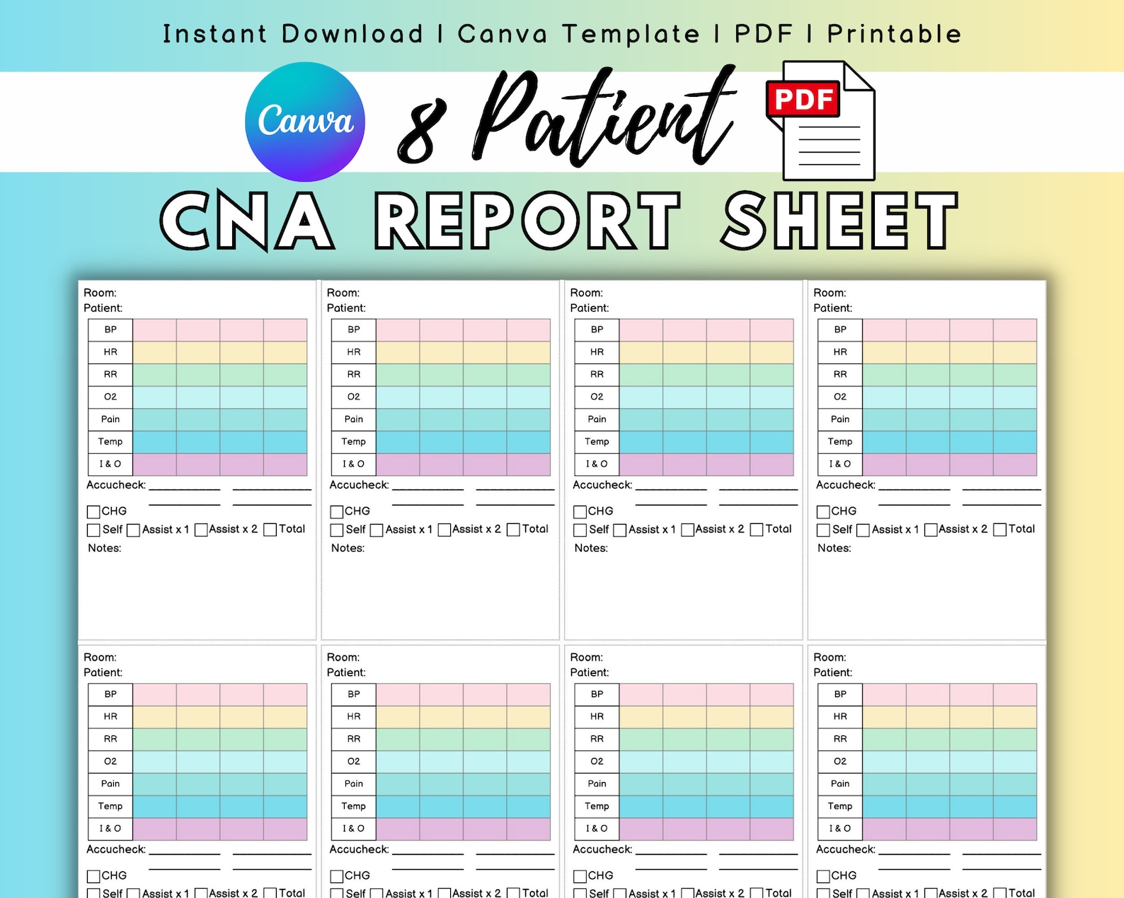 Editable CNA Report Sheet: 8 Patient Vital Signs (PDF & Canva) - Etsy