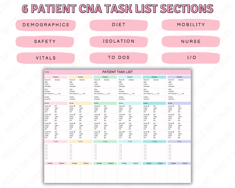 6 Patient CNA Task List: Vital Signs Log & Shift Planner (PDF, Word ...