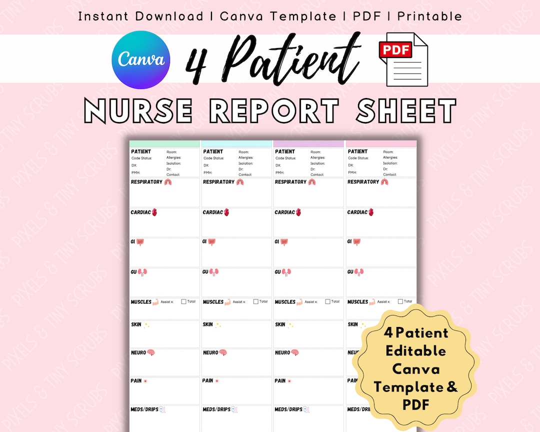 Editable 4 Patient Report Sheet, Printable Nurse Brain, ICU Nurse Shift ...