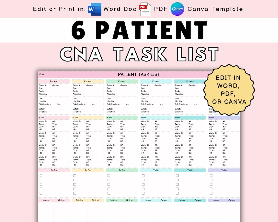 CNA Task List, Vital Signs Log W/ I&O, CNA Report Sheet 6 Patients, Patient Care Tech, CNA Shift ...